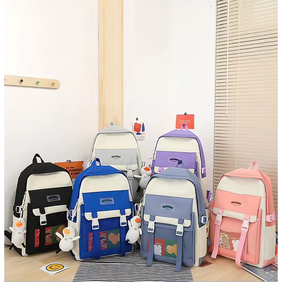 LaurelTree Kawaii Aesthetic Cute 4pcs School Bags Set with Accessories School Suppliers for Teens Girls Backpack Tote Bag (Black)