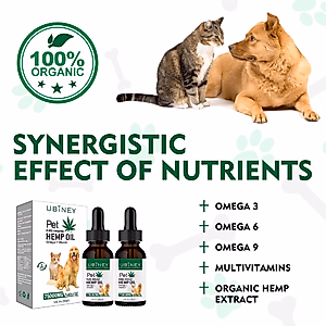 Ubiney Hemp Oil for Dogs and Cats,2-Pack Hemp for Dogs 100% Organic with Omega 3, 6, and 9 Fatty Acids (2 Oz), Vitamin E, C, Cat and Dog Anxiety Relief, Hip and Joint Pain Relief Support, Skin Health