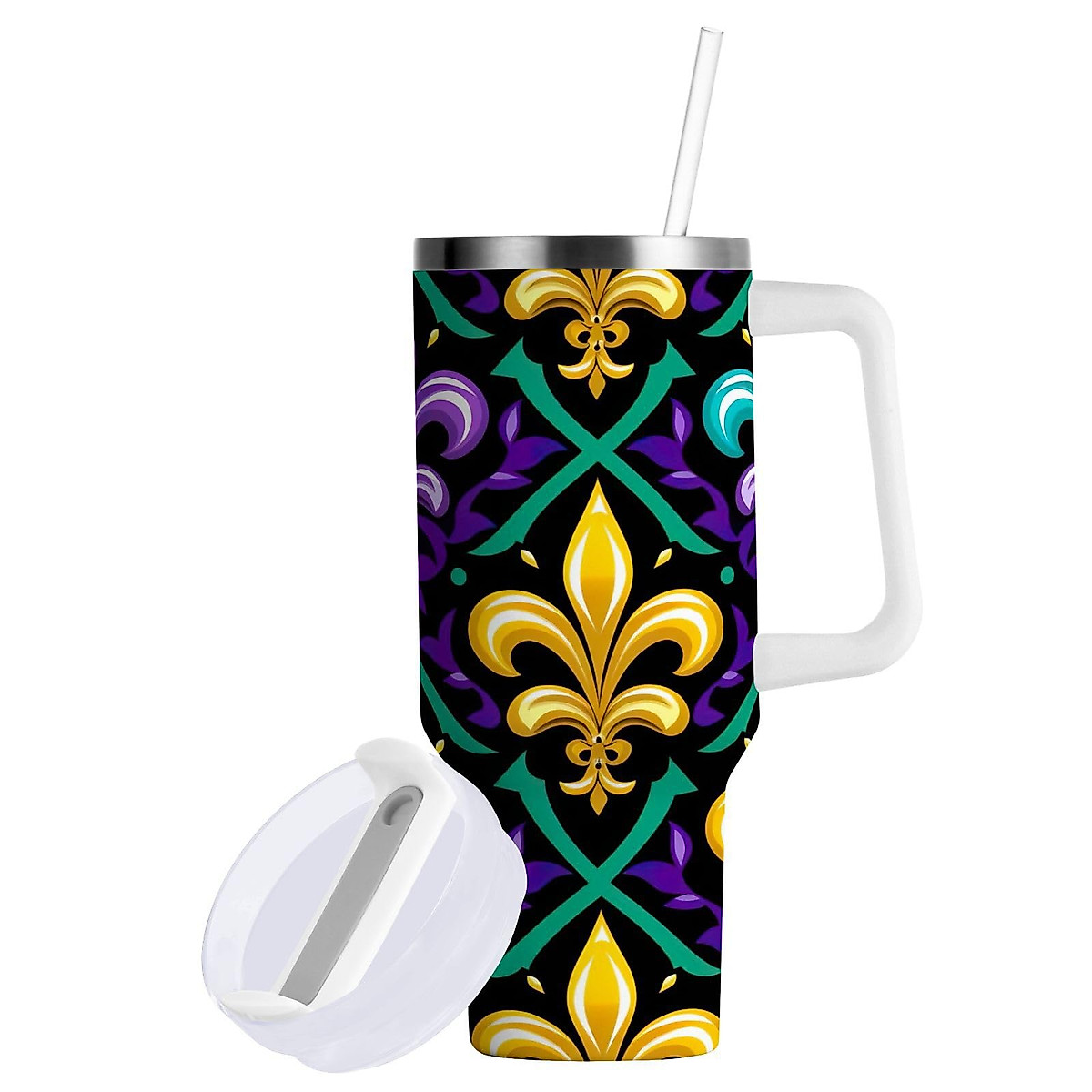 KEEPREAL 30 oz Mardi Gras Tumbler with Handle, Insulated Sports Water Bottle with Lid and Straw, Thermal Stainless Steel Travel Coffee Mug Cup #330