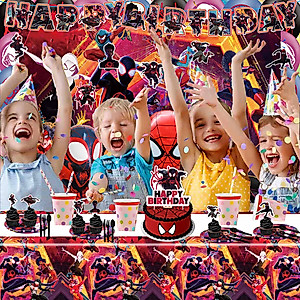 Spider Miles Morales Birthday Party Decorations, Spider Miles Party Supplies Include Birthday Banner, Balloons, Tablecloth, Plates, Cupcake Toppers, Backdrop for Black Spider Birthday