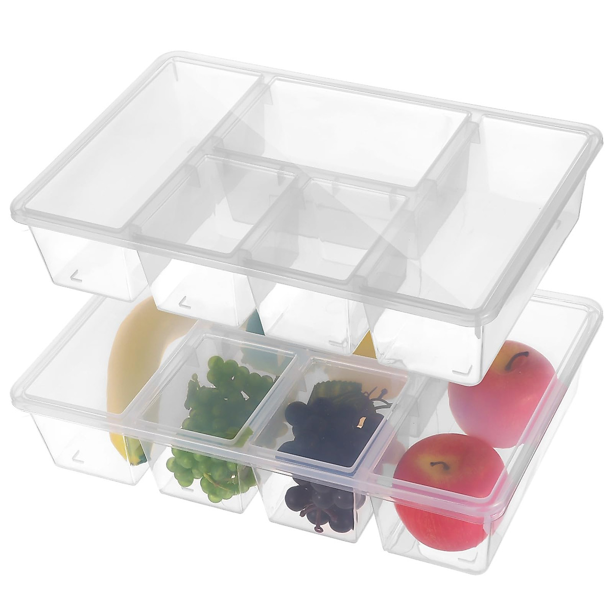 Tideme 2 Pack Divided Veggie Tray with Lid - 5 Compartment Snackle Box Containers for Fridge, Clear Refrigerator Vegetable Food Storage Plastic Organizer Bins for Snack, Fruit, Vegetable, Salad, Meat
