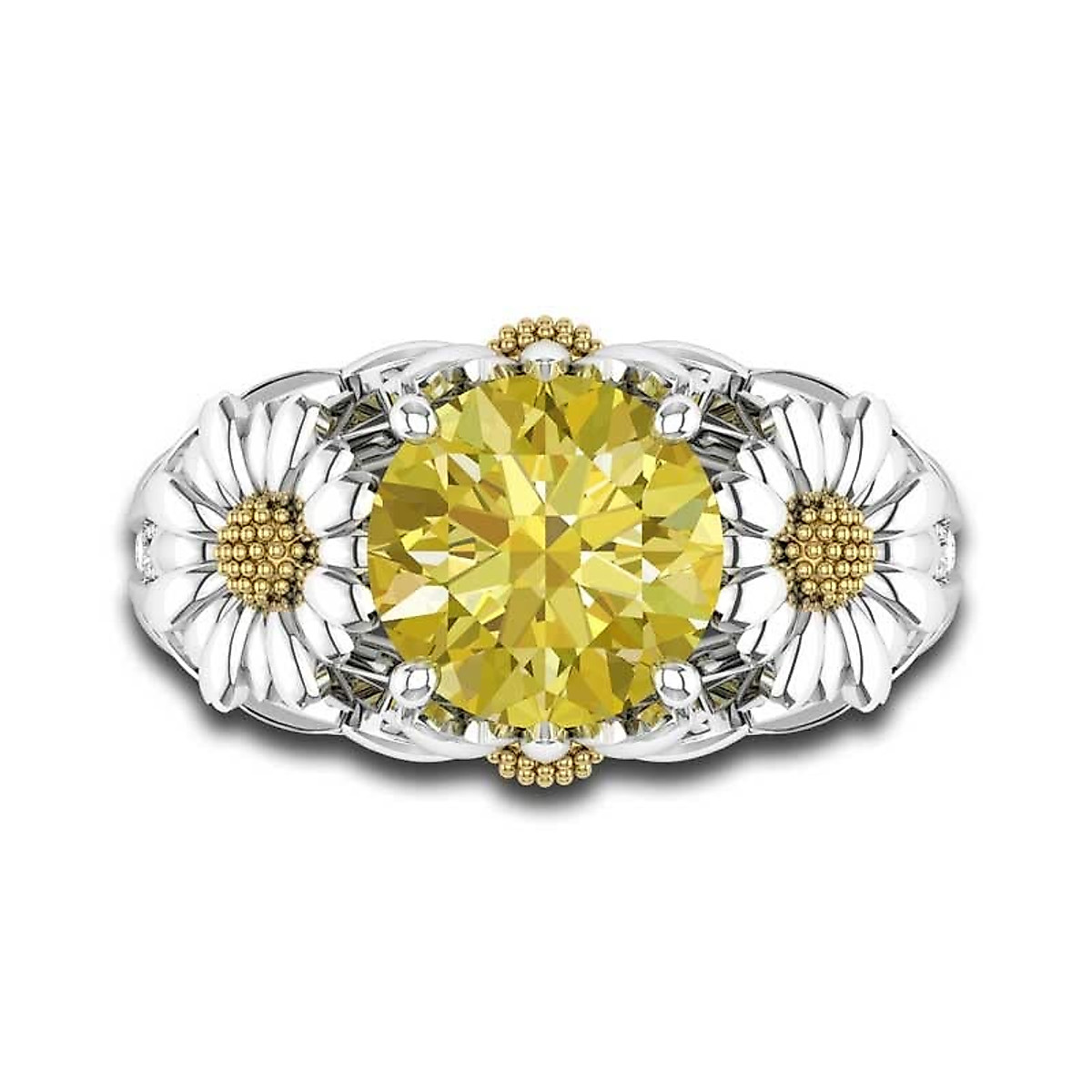 Jewels Store 2.5 Ct Round Cut Citrine Yellow Diamond Sunflower Design Engagement Ring in 925 Sterling Silver White Gold Finish (Silver, 5)