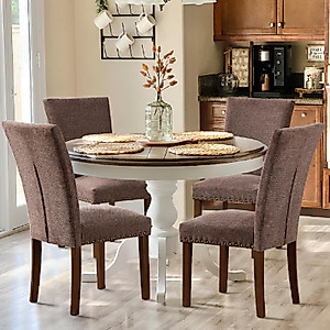 COLAMY Upholstered Parsons Dining Chairs Set of 4, Fabric Dining Room Kitchen Side Chair with Nailhead Trim and Wood Legs - Brown