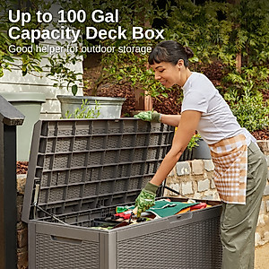 EAST OAK Outdoor Storage Box, 100 Gallon Deck Box, Waterproof Resin Storage Bench for Patio Cushions, Gardening Tools, Lockable, UV Resistant, outside storage, Grey