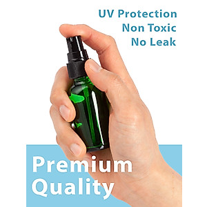 1 oz / 30 ml Green Glass Boston Round Bottle with Black Treatment Pump (12 Pack) + Clear Travel Bag and Funnel