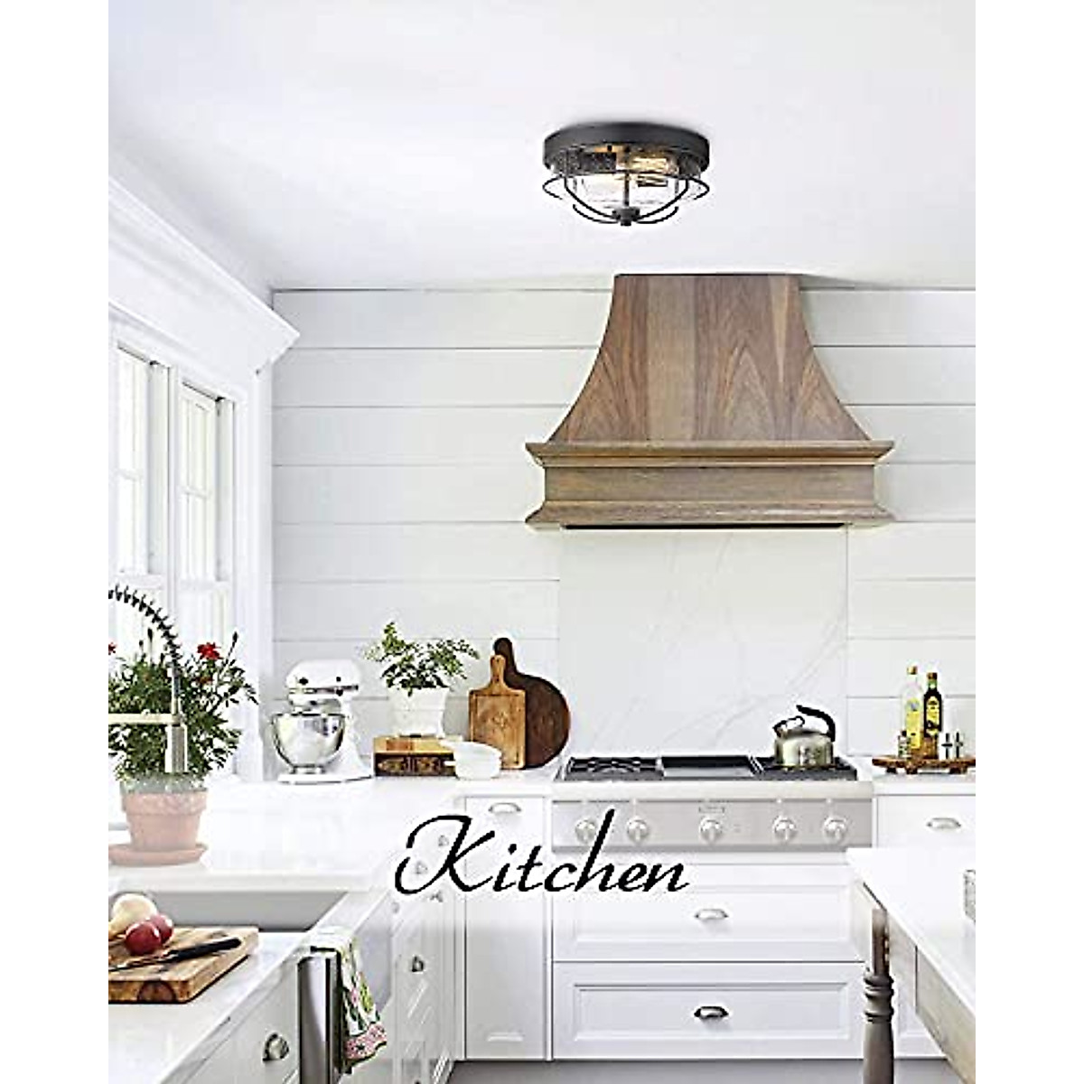 HWH INVESTMENT Flush Mount Ceiling Light Fixtures, 12 inch 2-Light Farmhouse Close to Ceiling Light Fixture with Seeded Glass Shade, Sand Black Finish, 5HTJ7-F BK