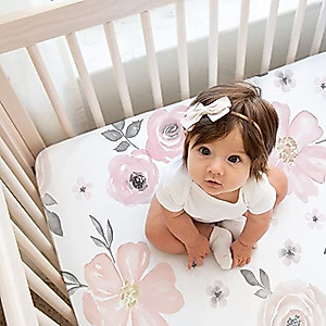 Sweet Jojo Designs Blush Pink Grey Boho Floral Girl Baby Fitted Crib Sheet Set Nursery Soft Infant Newborn Fits Standard Mattress or Toddler Bed - 2pc - Gray White Shabby Chic Rose Watercolor Flower