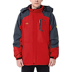 Men's Mountain Waterproof Ski Jacket Windproof Rain Jacket Winter Warm Snow Coat II with Removable Hood U120WCFY028,Red,L