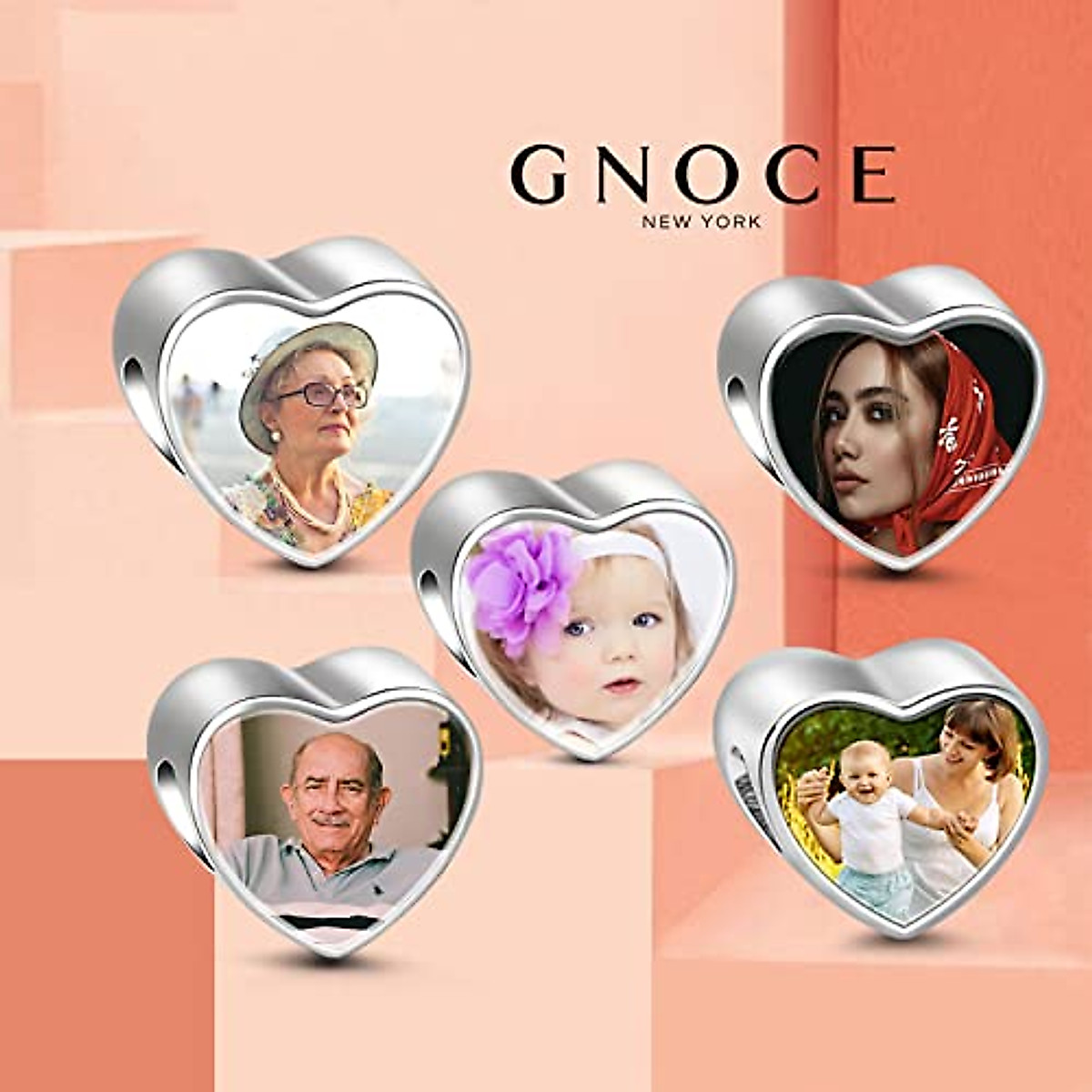 GNOCE Custom Photo Charms for Bracelet 925 Sterling Silver Heart Shaped Personalized Charms Family Memorial for Women