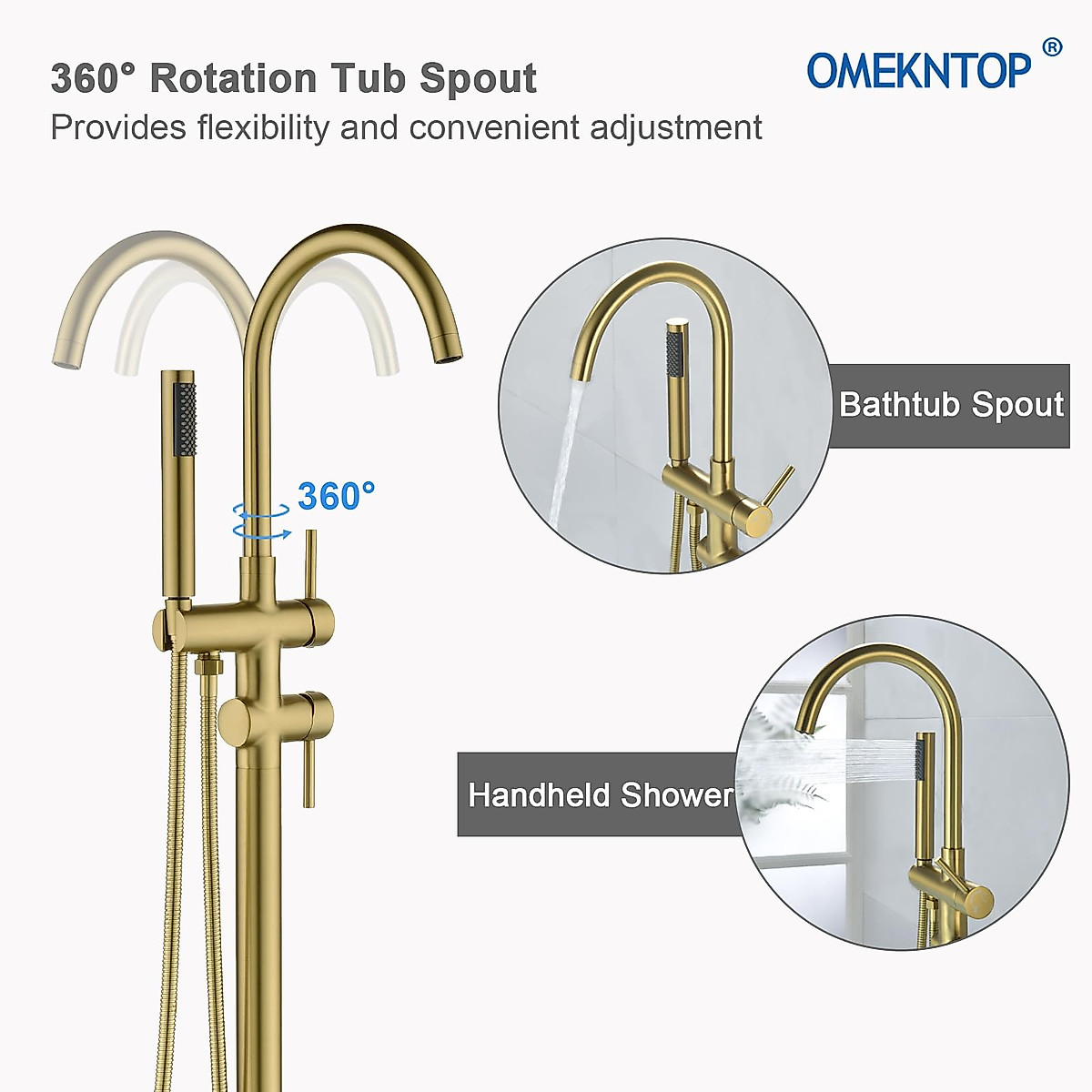 Freestanding Bathtub Faucet Floor Mount Tub Filler Brush Gold, OMEKNTOP Modern Freestanding Tub Faucet with 360 Swivel Gooseneck Spout and Handheld Shower, Standing Tub Faucet for Bathroom