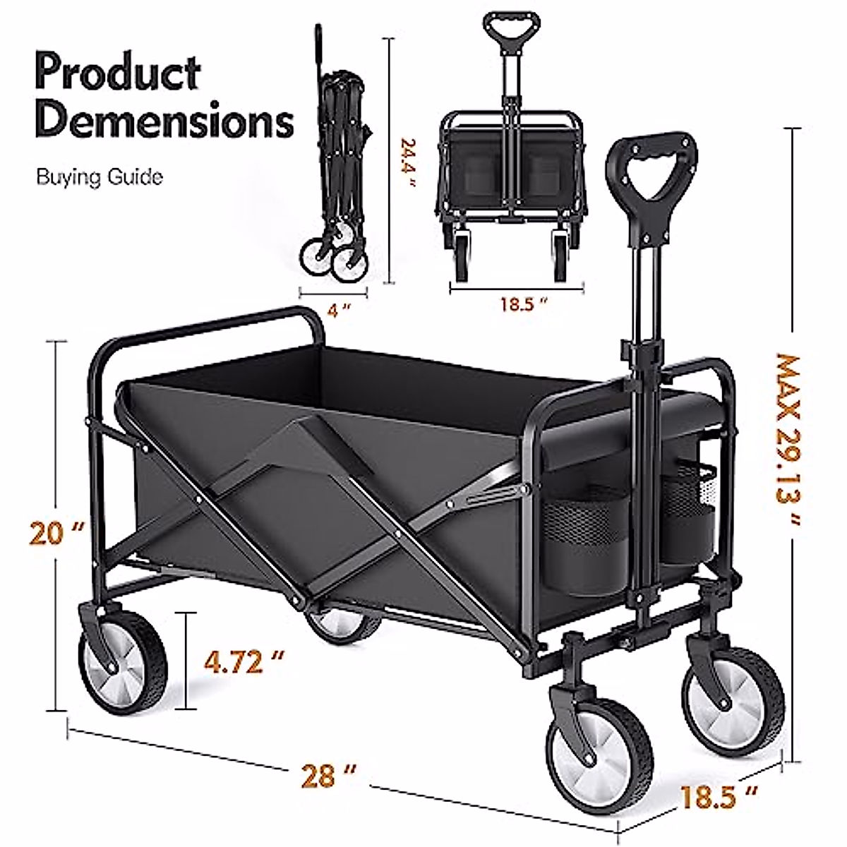 Collapsible Folding Utility Wagon,Beach Wagon Cart with All Terrain Wheels & Drink Holders,Portable Sports Wagon for Camping, Shopping, Garden and Beach, Grass, Sand,Fishing