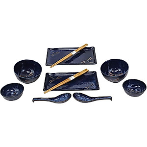 Ebros Gift Japanese Mino Ware Tombo Dragonfly Blue Porcelain Sushi Dinnerware 10pc Set For 2 People Pairs of Sushi Plates Soup And Sauce Bowls Bamboo Chopsticks Asian Soup Spoons Housewarming Gift