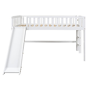 Full Size Low Loft Bed with Slide Wood Junior Loft Beds Frame with Ladder and Guardrails for Kids Boys Girls, White