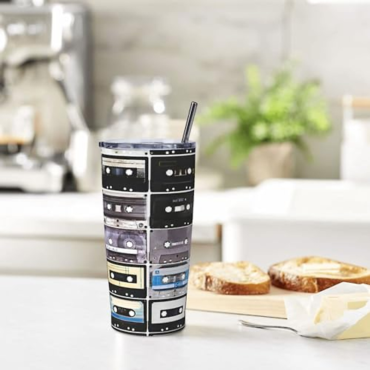 20oz Insulated Tumblers with Lids and Straws Retro Cassette Tape Stainless Steel Coffee Tumbler Cup Double Wall Vacuum Travel Coffee Mugs for Home, Office, Outdoor