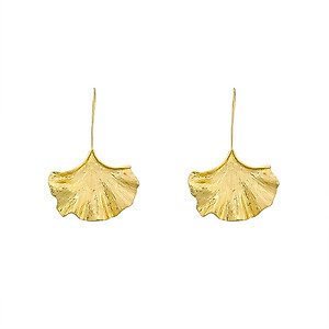 Gingko Leaf Earrings, Gold Gingko Leaf Statement Dangle Earrings For Women, Bohemian Tree Leaf Earrings, Fan-shaped Stud Earrings Gingko Leaf Boho Jewelry, Zinc, no