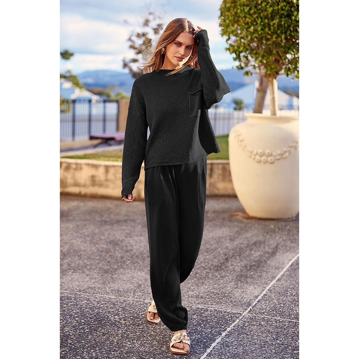 PRETTYGARDEN Women's Winter 2 Piece Sweater Set Casual Pullover Top High Waisted Sweatpants Tracksuit Lounge Outfits (Black,Medium)