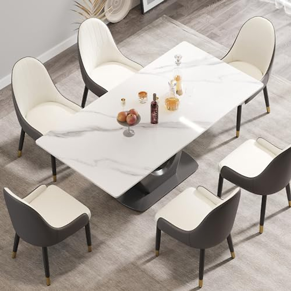 Leavader Modern Dining Table for 6 People, 71“ Dining Room Table with Dark Gray Stainless Steel Base, Rectangular Faux Marble Kitchen Table Stone Dining Table Suitable for Home Kitchen(Only 1 Table)