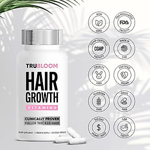 Tru Bloom Hair Growth Vitamins - 1 Month Supply. Clinically Proven for Fuller, Thicker Hair. Natural & Drug-Free. Ultimate Hair Vitamins for Proven Results