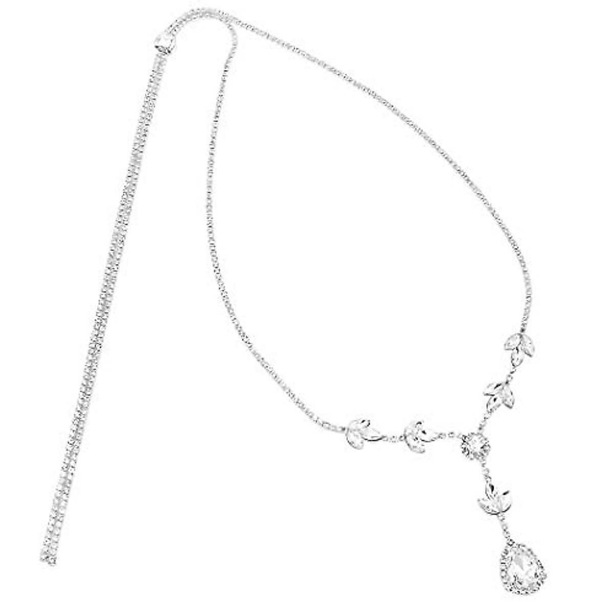 Rosemarie Collections Women's Elegant Crystal Rhinestone Adjustable Slide Backdrop Style Bridal Necklace (Silver Tone Marquis Leaf)