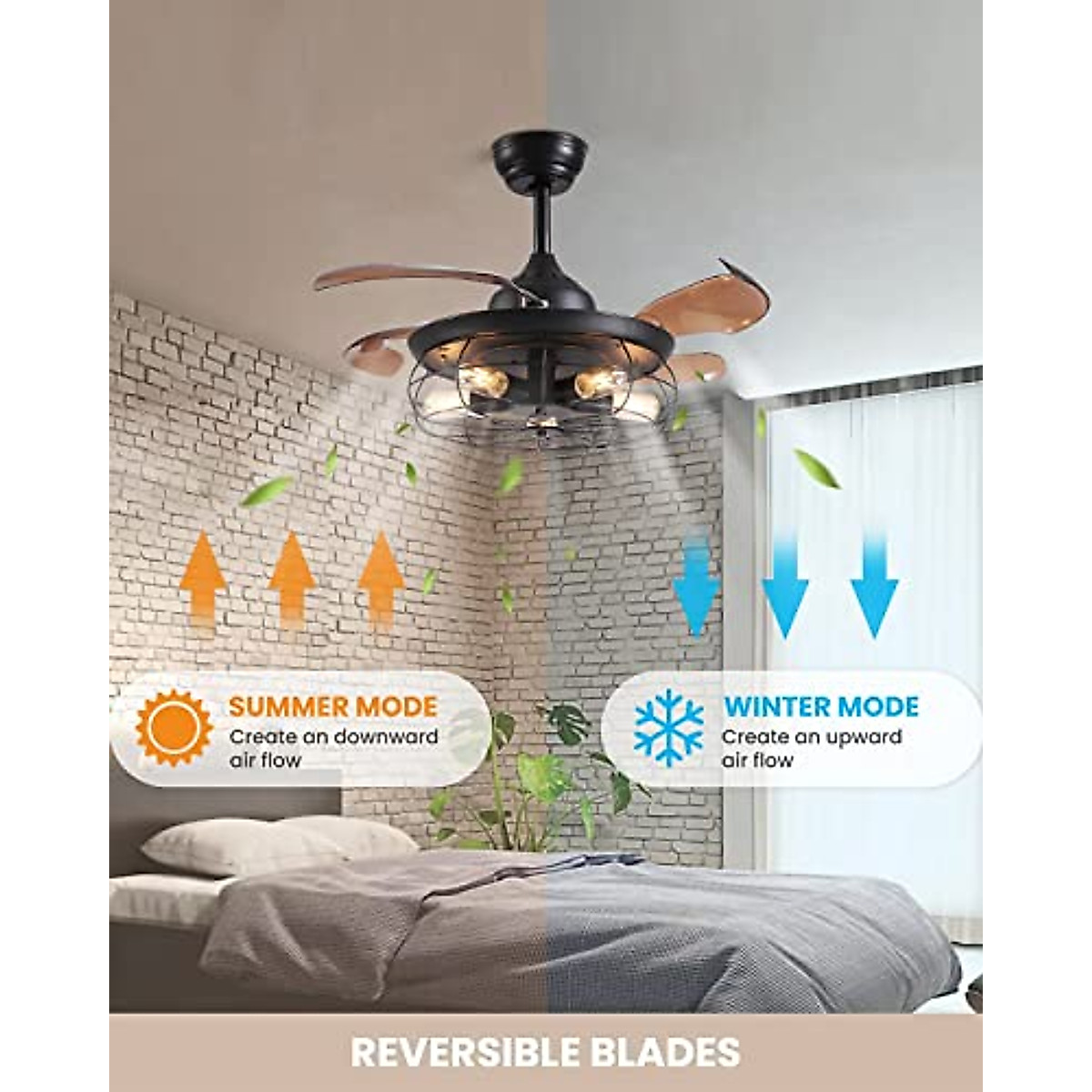 Siljoy 36” Farmhouse Ceiling Fan with Lights and Remote, Industrial Caged Retractable Ceiling Fan, 6 Wind Speeds Rustic Ceiling Fan for Patio Kitchen Bedroom Living Room, Black