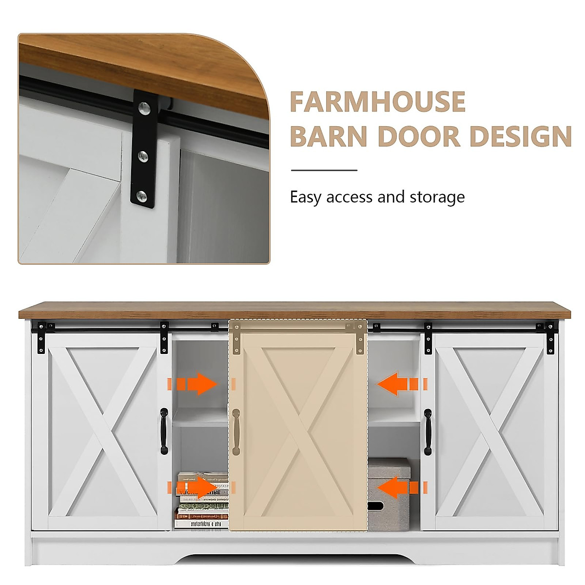 4 EVER WINNER White TV Stand for 65 Inch TV, 58" Farmhouse Entertainment Center with Sliding Barn Doors for Televisions up to 65+ Inch, TV Stand 65 Inch with Adjustable Shelf for Living Room