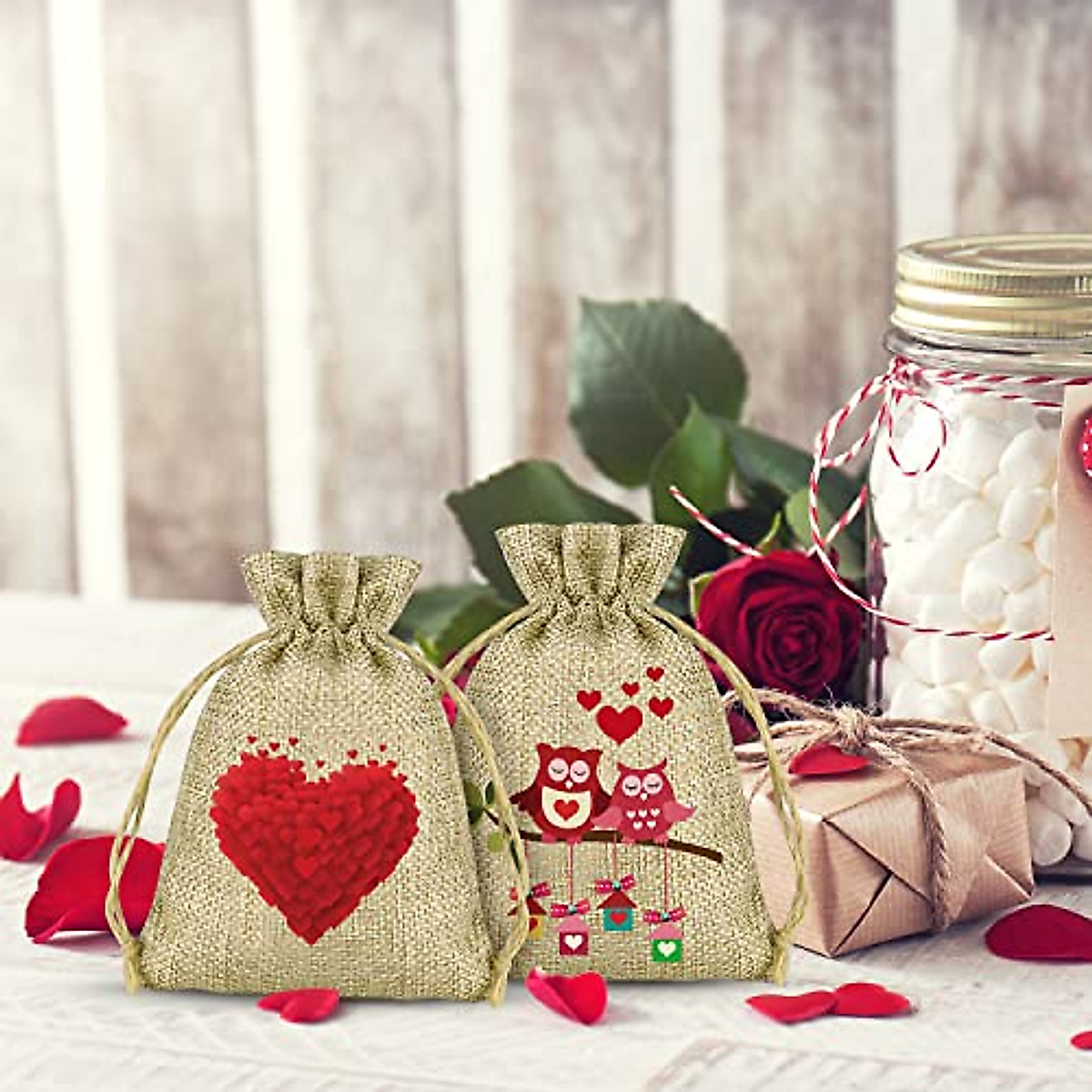 KUUQA 25 Pcs Heart Love Shaped Drawstring Gift Bags for Valentine's Day Party Favors, Valentine's Day Cotton Favor Pouches for Goodies, Sachets, and Jewelry, 5 Designs