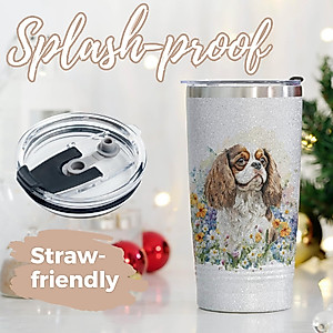 Onebttl King Charles Cavalier Gifts for Women/Men, Unique 20oz Cavalier Glitter Tumbler with Lid and Straw, Cavalier King Charles Spaniel Gifts for Birthday, Christmas