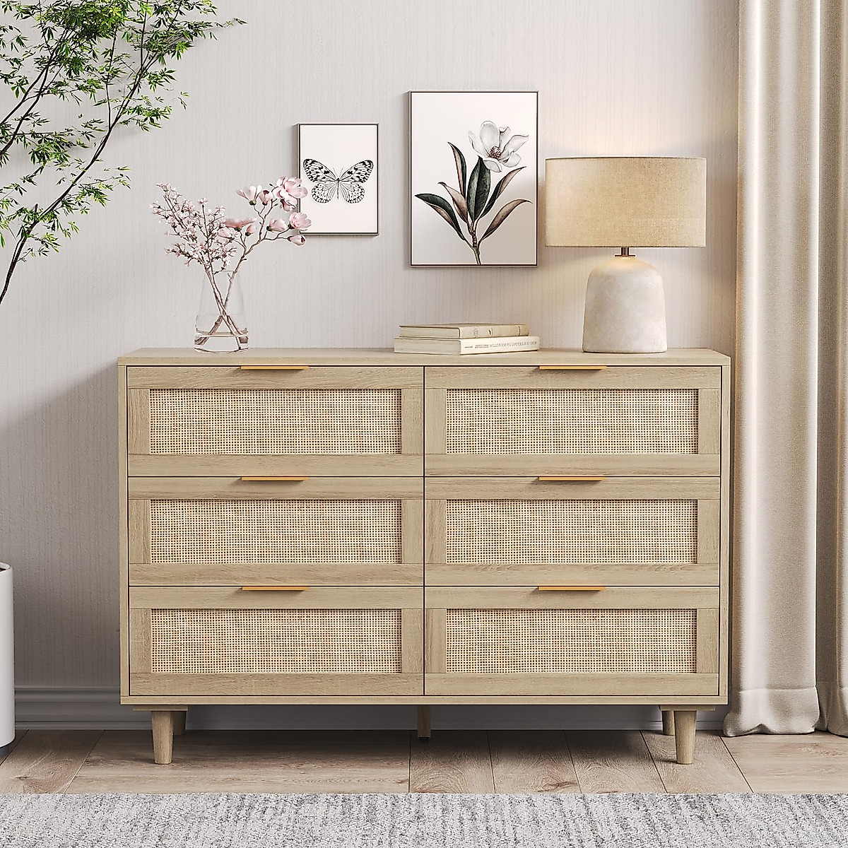 Angel Sar Rattan Dresser for Bedroom, 6 Drawer Wide Dresser, Boho&Farmhouse Chest of Drawers, 43" Clothes Storage Cabinet, Metal Handle&Wood Legs for Hallway, Living Room, Bedroom, Wood
