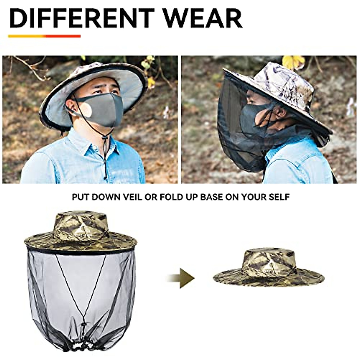 Head Net Hat Beekeeping Beekeeper Bee Veil Hat Bucket Hat with Hidden Net Mask Hunting Netting Hat Detachable Mesh Hood Cap Halloween Costume for Men Women Safari Hat Outdoor Hiking Fishing Gardening