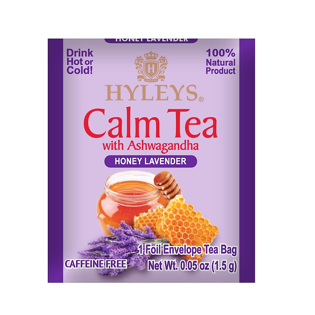 Hyleys Calm Tea with Ashwagandha - Lavender & Honey Flavor - Caffeine-Free, 100% Natural Herbal Tea - 25 Tea Bags