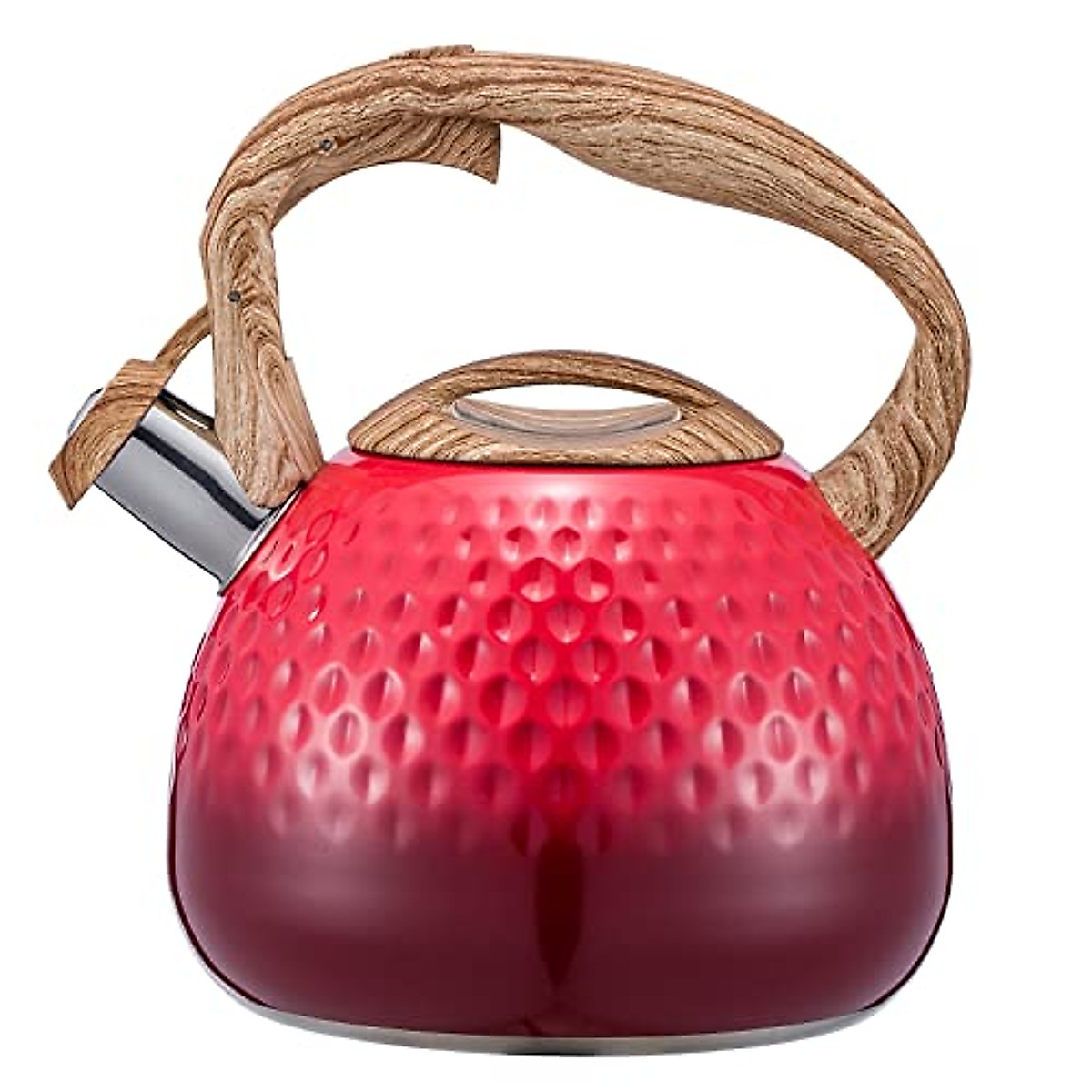 Tea Kettle, Stovetop Teapot, 2.7 Quart, Loud Whistle, Food Grade Stainless Steel and Smooth Wood Pattern Handle, Sophisticated Look for Hiking, Picnic, for Tea, Coffee, Milk (Red)