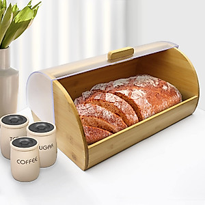 Bread Box, Bamboo, Large Storage, Acrylic Easy Glide Cover with Handle