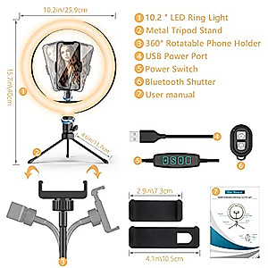 HONGDAK 10.2'' Selfie Ring Light with Stand and Phone Holder, Desk Ring Lights with 3500K-6500K Dimmable 3 Light Colors 10 Brightness Levels for Phone Video TikTok Live Streaming Makeup