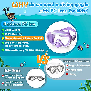 Kids Swim Mask 180° Snorkel Diving Mask, Anti-Fog Child Swim Goggles with Nose Cover No-Leak Swimming Goggles Anti-Shattered Lens for Youth 4-15 (Purple)