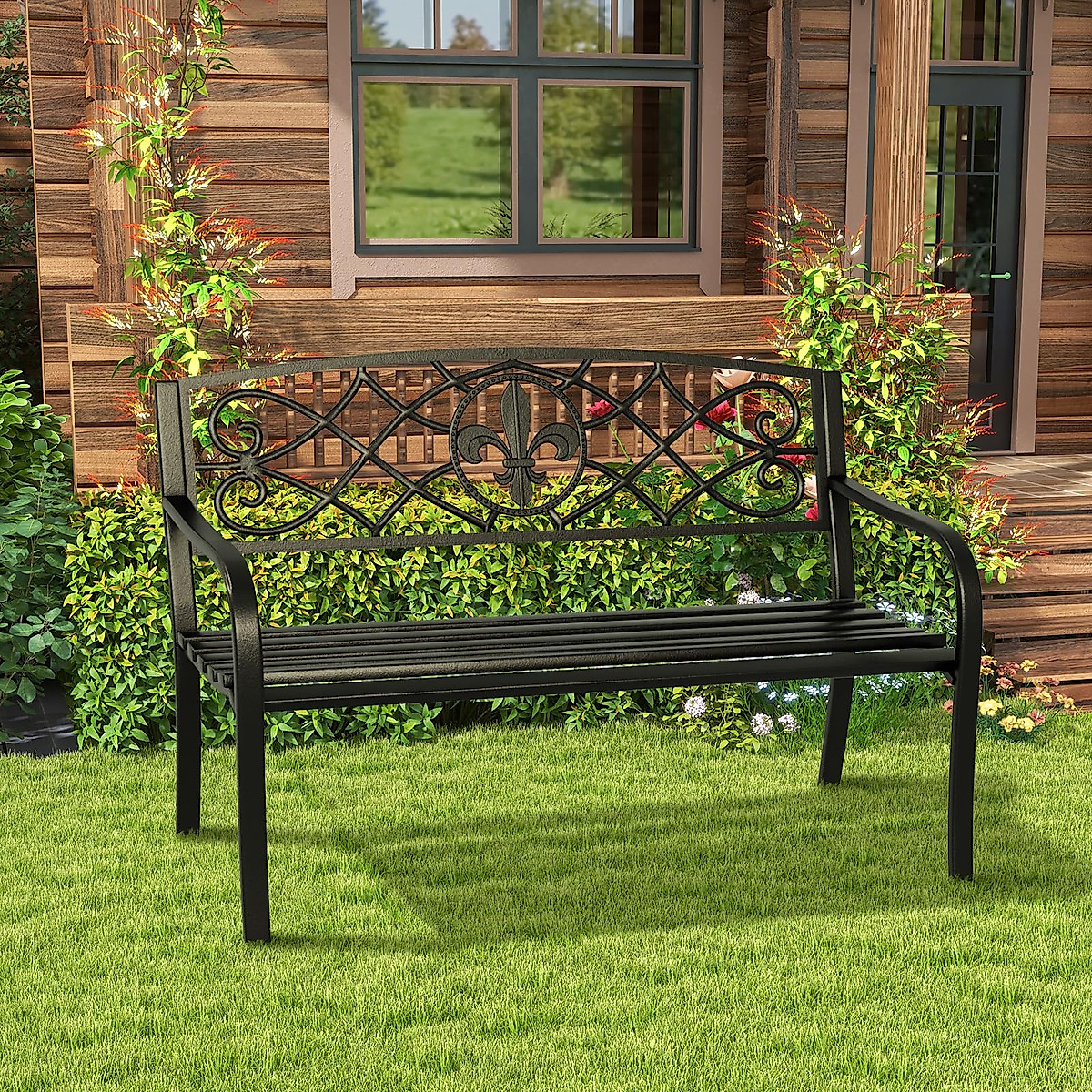 HCSH&WILL Outdoor Bench, Weatherproof Park Bench, Classic Garden Bench with Backrest & Armrests, Outdoor Metal Bench for Patio, Porch, Lawn and Yard, Black