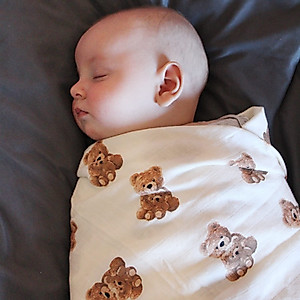LifeTree Muslin Swaddle Blankets Neutral, Baby Swaddling Wrap Nursery Blanket for Boys & Girls Unisex, Soft 70% Viscose from Bamboo and 30% Cotton, Large 47 x 47 inches, Bear & Checkered Coffee