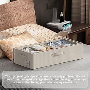 3Pcs Under Bed Storage Bins with Metal Frame - Shoe Organizer for Closet with Clear Cover Oxford Fabric Sturdy Underbed Container Foldable Stackable Clothes Organizer (Beige, 23.5x11.8x6.3)