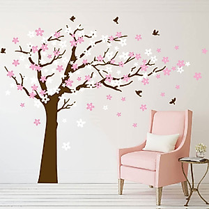 AIYANG Large Cherry Tree Wall Decals White Pink Cherry Blossom Flower Tree Branch Wall Stickers Baby Nursery Bedroom Living Room Decoration (Brown)