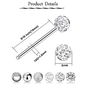 Sumind 6 Pairs Nipple Bars Surgical Stainless Steel Piercing Barbell Ring Tongue Ring Cubic Zirconia Nipple Rings Body Piercing Jewelry, 14 Gauge