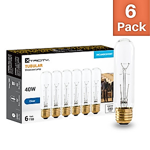 Xtricity 40 Watt T10 Clear Tubular Incandescent Light Bulb, Showcase Lamp, 2700K Soft White, E26 Medium Base, 280 Lumens, 120V, (6 Pack)