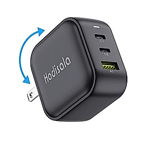 USB C Charger, Hadisala 66W 3-Port GaN Fast USB C Wall Charger, Foldable USB C PD3.0 Power Adapter, Portable Travel Charger Block for iPhone 13 Pro Max Mini/MacBook Pro/iPad, Galaxy, Pixel and More
