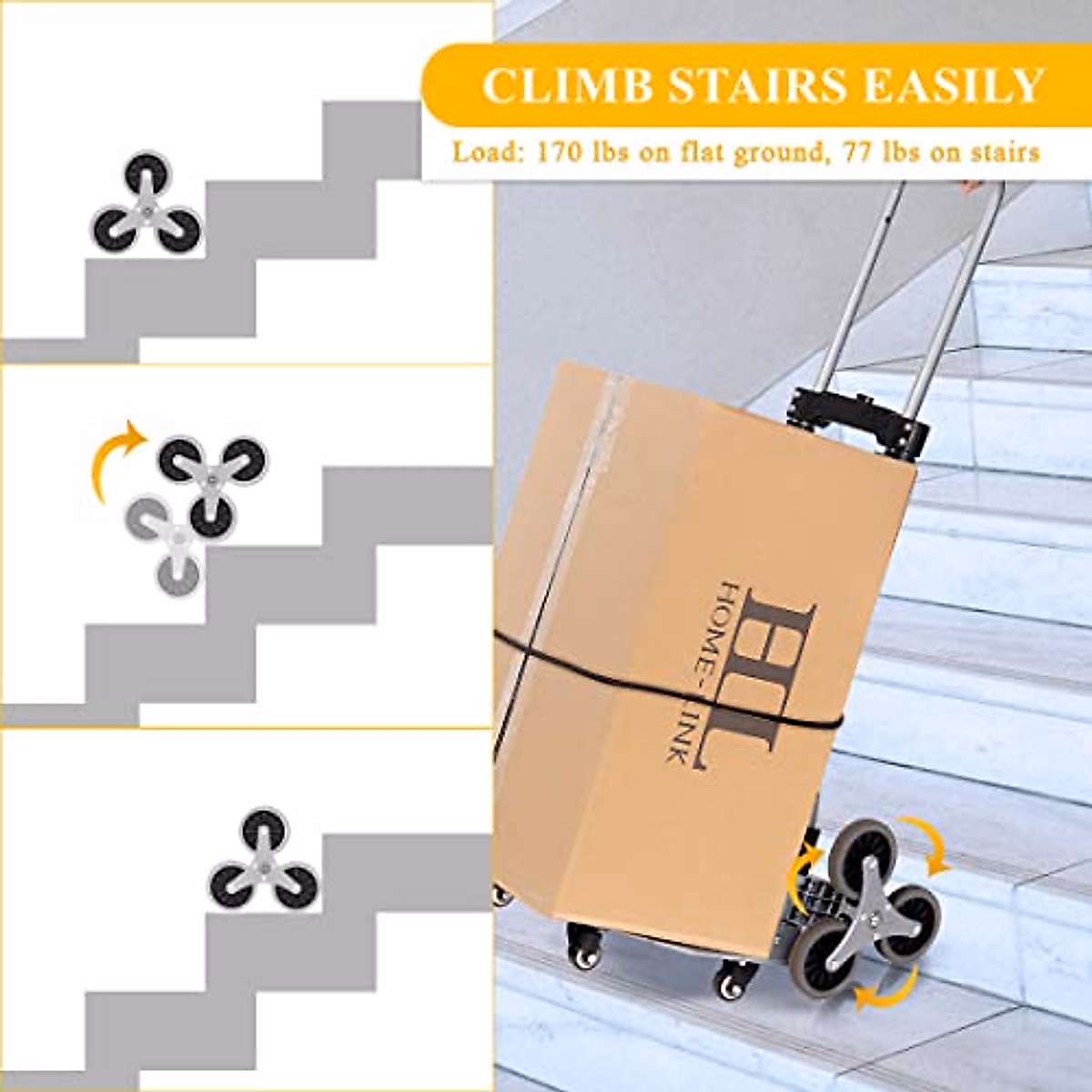 Stair Climbing Cart Hand Truck- HL Home-Link Shopping Cart Portable Folding Heavy-Duty 170 LB Load Capacity Trolley Luggage Delivery Hand Truck with Silent Wheels