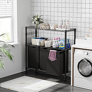 Laundry Sorters 3 Section with 3 X 45L Laundry Bags, 2 Tier Adjustable Metal Storage Shelf, Pull-Out & Removable Oxford Fabric Laundry Baskets, Black