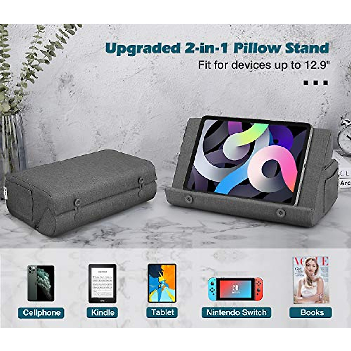 MoKo Tablet Pillow Holder, Foldable Soft Pillow Tablet Stand Up to 12.9", Sofa Throw Pillow for Xmas Gift, eReader, Fit with iPad 9 2021, iPad Mini 6, iPad Pro 12.9/11 2022,Galaxy Tab S7, Dark Gray
