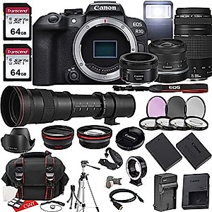 Canon EOS R10 Mirrorless Camera w/RF-S 18-45mm f/4.5-6.3 is STM + EF 75-300mm f/4-5.6 III + EF 50mm f/1.8 STM + 420-800mm f/8.3 HD Lenses + 2X 64GB Memory, Case, Filters, Tripod & More (35pc Bundle)