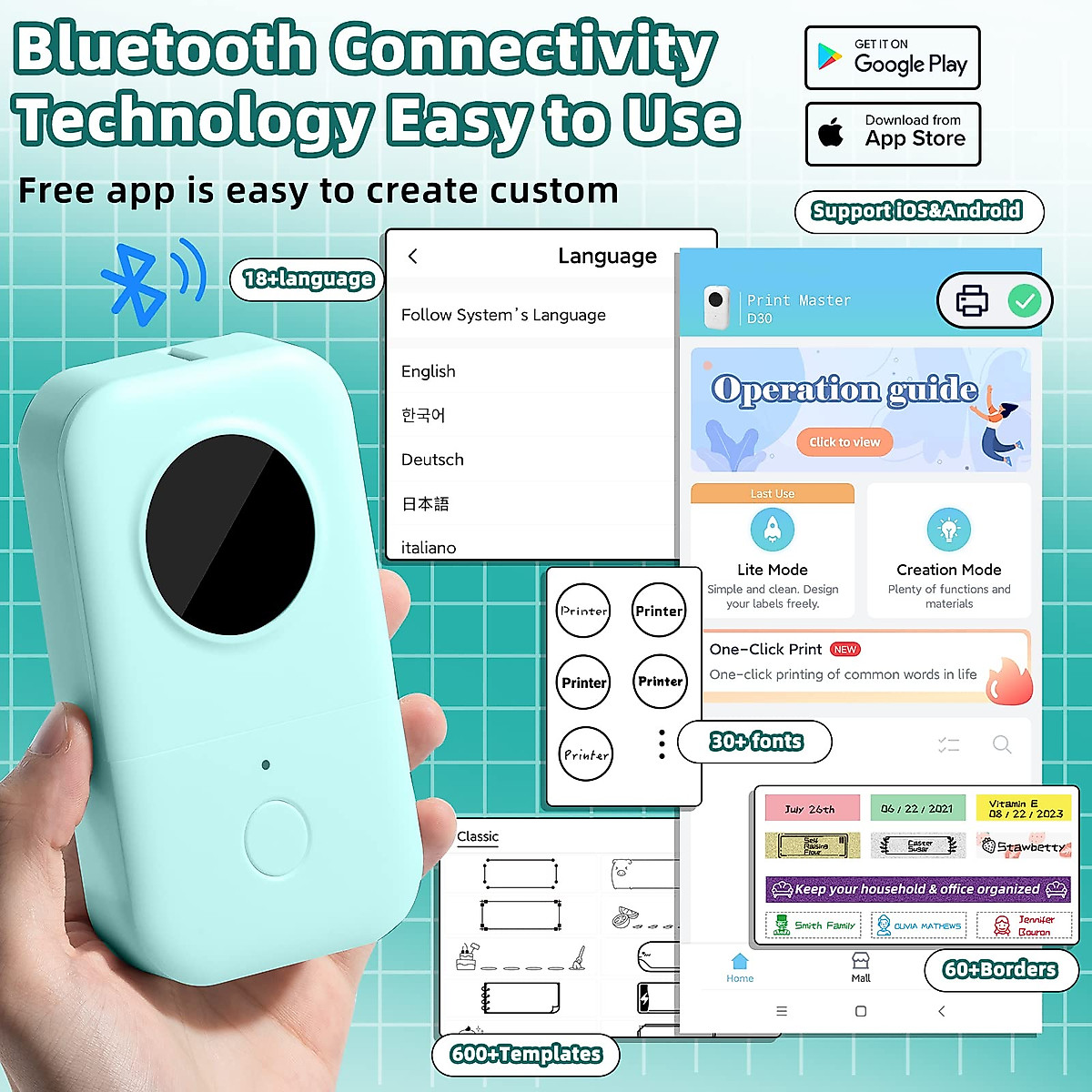 Phomemo Label Maker Machine with Tape, D30 Portable Bluetooth Label Printer for Storage, Barcode, Mailing, Office, Home, Organizing, Mini Sticker Make with Multiple Templates,with 3 Rolls,Green