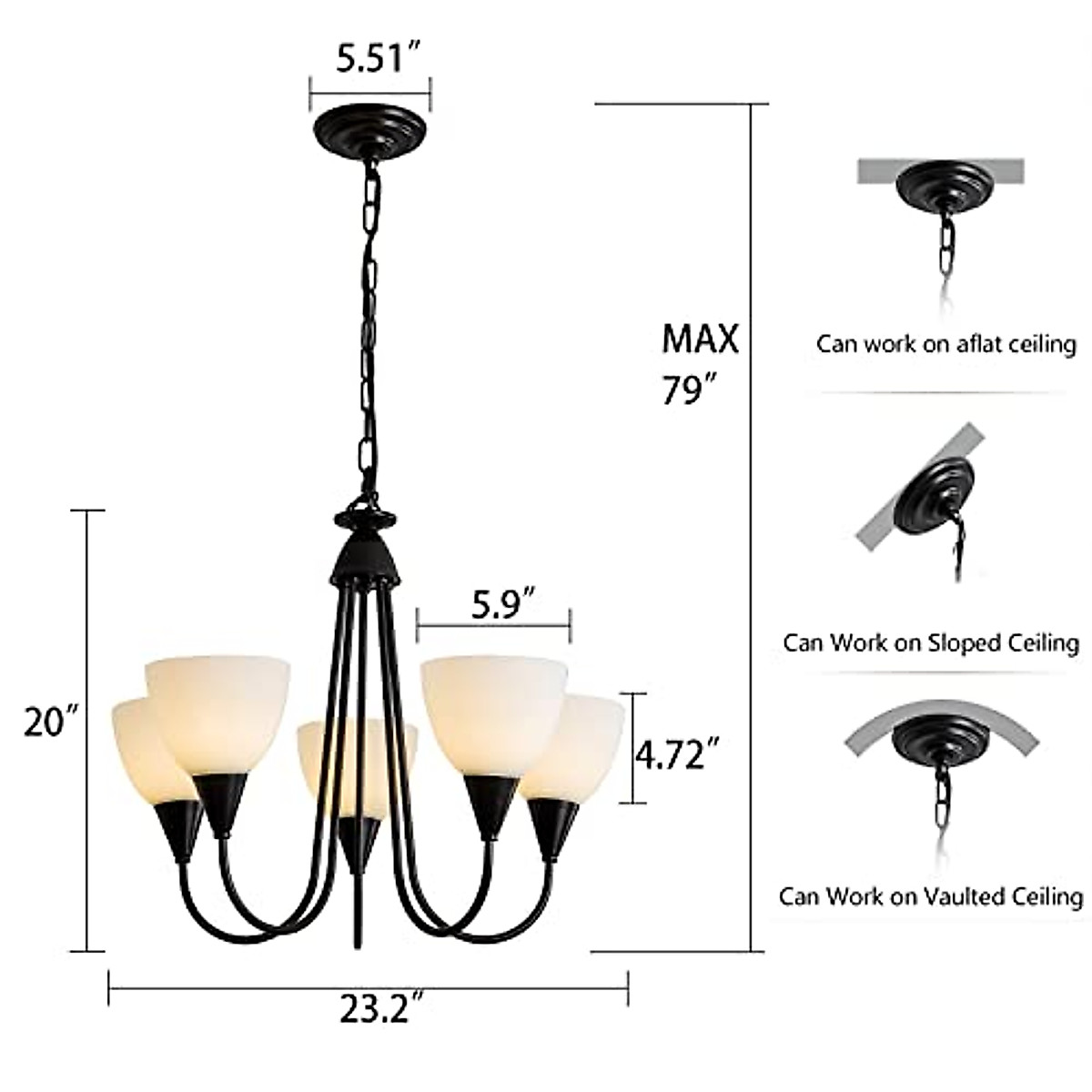 HuisMier 5 Light Contemporary Chandeliers with Alabaster Glass Shade, Modern Black Dining Room Chandelier Mid Century Hanging Pendant Lighting Fixtures for Living Room Foyer Bedroom