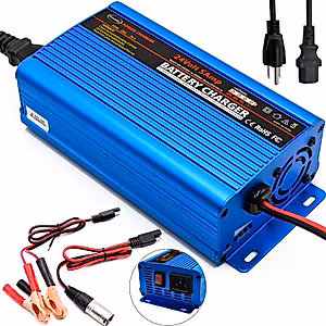 Unocho 24 Volt Battery Charger Smart Fully Automatic Battery Charger maintainer trickle Charger 5A car Battery Charger 3-pin XLR Alligator Connector with I/O Switch