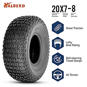 HALBERD 20x7-8 ATV Tires, Sport Quad 20x7x8 All Terrain Tires 20x7x8 UTV ATV Tires 4PR Fits 8’’ Rims, Tubeless, Set of 2