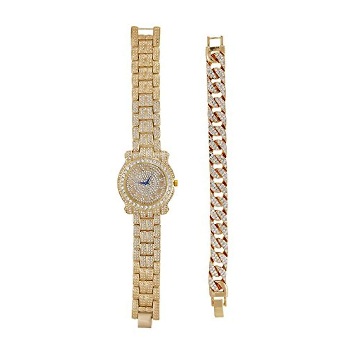 Charles Raymond Bling-ed Out Silver Round Luxury Mens Watch w/Bling-ed Out Cuban Bracelet - L0504B - Cuban (Gold)